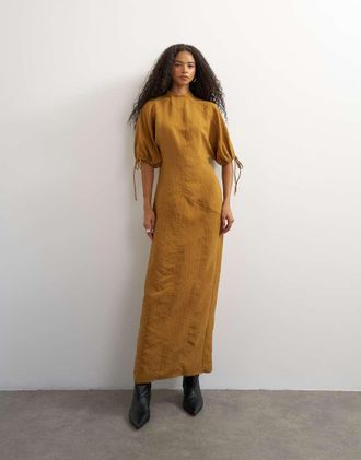 Topshop Maxikleid mit Stehkragen und Ballon&auml;rmeln mit Kordelstopper in braunem Webstreifen-Neutral