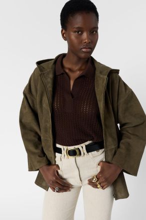 Gerard Darel Manteau court &agrave; capuche en cuir velours - TASSYA - Vert Kaki