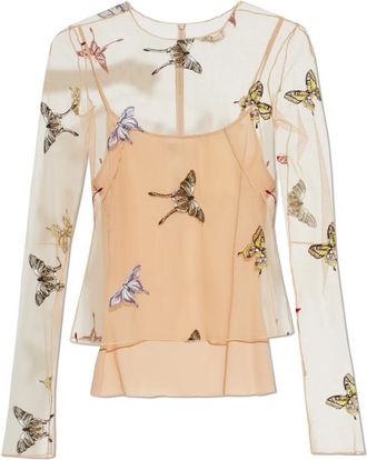 Blumarine Femme, Tops, Beige, Taille: 32 FR Tulle Top with Butterfly Motif
