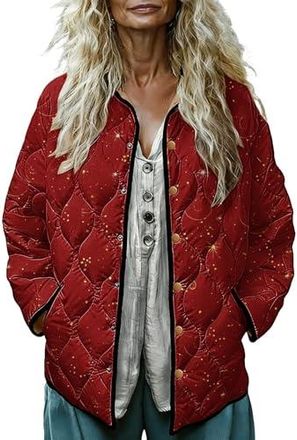 Generic Veste matelassée de Noël pour femme avec motif graphique rétro, manches longues, col montant boutonné, léger et rembourré pour lhiver, Rouge, XL