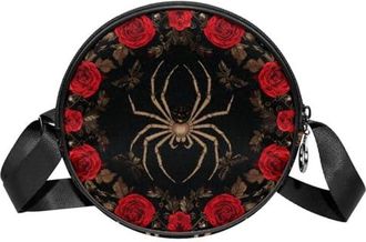 Generic Sac &agrave; bandouli&egrave;re rond pour femme, motif roses araign&eacute;es, petit sac &agrave; dos &agrave; bandouli&egrave;re avec fermeture &eacute;clair, bretelles r&eacute;glables, sac &agrave; main rond d&eacute;