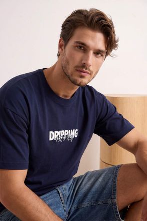 Trendyol MAN Herren Dunkelblau Slogan Kurz Oversize T-Shirts