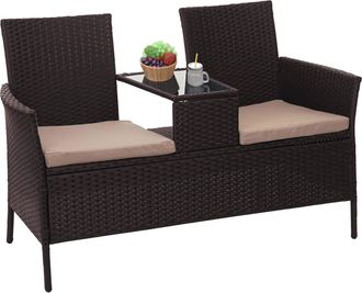 Mendler Poly-Rattan Sitzbank mit Tisch HWC-E24, Gartenbank Sitzgruppe Gartensofa, 132cm - braun, Kissen Creme