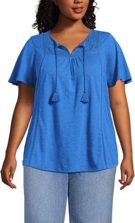 Lands End Flammgarn-Jerseyshirt mit kurzen Flügelärmeln, Damen, Größe:52-54 plus, Blau, Baumwolle, by Lands End