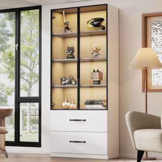 STILVORA Vitrine avec 2 Portes en Verre Tremp&eacute; et 2 Tiroirs, LED Multicolore, Cadre Aluminium, en Panneaux de Particules, Blanc, 60&times;40&times;160 cm