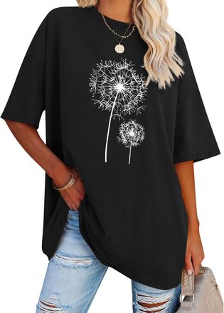 Dresswel Tshirt Damen Oversize Pusteblume Druck T-Shirt Kurzarm Rundhals L&auml;ssiges L&ouml;wenzahn Blumen Tee Shirts Sommer Oberteile Lose Lang Tops Bluse f&uuml;r Teenage
