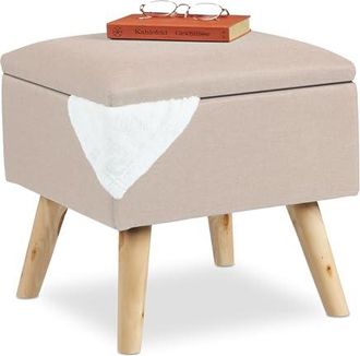 Relaxdays Hocker mit Stauraum, Kunstleinen-Bezug, gepolstert, Holzbeine, Fu&szlig;hocker mit Deckel, HBT 40x40x40 cm, beige, 10029605_127
