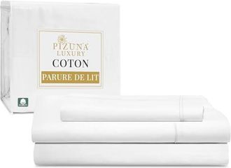 Pizuna Coton Luxueux Parure de Lit 90x200 cm Blanc, Tissu de Satin de Coton &agrave; 800 Fils au Pouce carr&eacute; Comprend 1 Drap Housse, 1 Drap Plat, 1 Taie doreiller