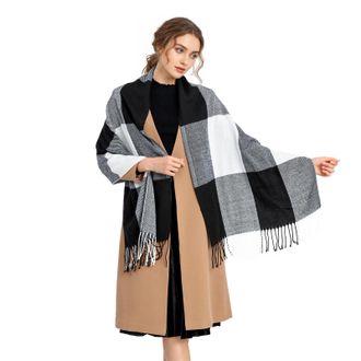 Miss Lulu Damen Schal Winter, weich warm kariert Oversized, Schottenkaro Wolle, lange gedrehte Fransen Stola, Deckenschal für Damen (Schwarz)