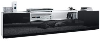 Vladon Lowboard Mogan, TV-Kommode mit 2 T&uuml;ren, 1 Klappe und 1 offenes Fach, Wei&szlig; matt/Schwarz Hochglanz (181 x 39 x 35 cm)
