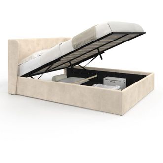 IDMarket Lit coffre double OREA avec t&ecirc;te de lit enveloppante &agrave; oreilles et sommier 140 x 190 cm velours beige