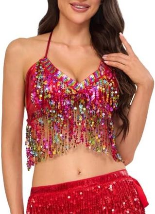Generic Haut &agrave; paillettes pour femme avec franges, dos nu, soutien-gorge pour festival, danse du ventre, costume