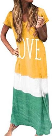 Generic Robe longue en coton pour femme - Robe longue pour femme - Col en V teint sur noeuds - Manches, jaune, 5XL