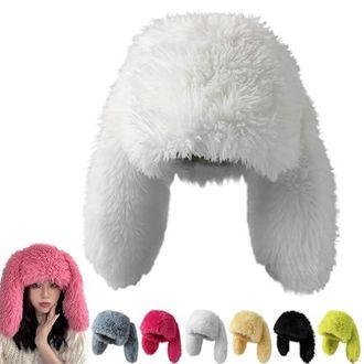Generic Joli bonnet en peluche avec oreilles de lapin pour femme, bonnet en fourrure douce et chaude avec oreilles de lapin, blanc, Taille unique