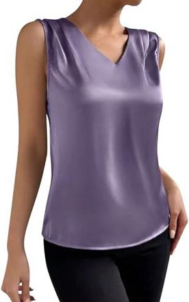 Generic HUIFUAO Débardeur pour femme Col en V sans manches pour femme Été basique Couleur unie Satin Tops Blanc Débardeur Femme, violet, XL