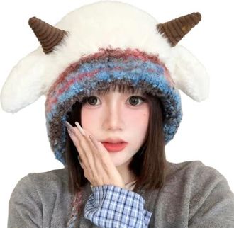 Generic Chapeau danimal en peluche - Casque doux et extensible | Chapeau tricot&eacute; avec oreilles de mouton | Pour femmes, filles, femmes, adolescents, adultes, 