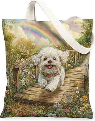 Generic Sac fourre-tout en toile r&eacute;utilisable pour le shopping, motif chien bichon fris&eacute;, 33 x 38 cm, sac d&eacute;picerie r&eacute;utilisable pour femme, motif floral amus