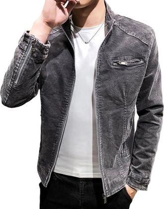 Generic Mens Lightweight Jackets Casual Zip Up Stand Collar Denim Jacket Washed Trucker Coat Trendy Streetwear Clothes Gray Medium