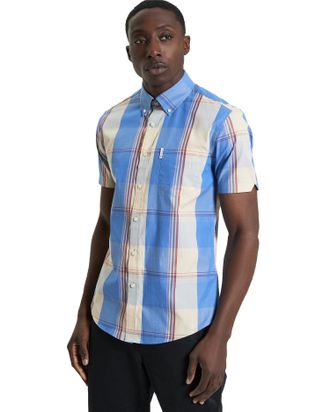 Ben Sherman Mehrfarbiges Herren-Hemd, kurzärmelig, Button-Down-Kragen, Mod Fit, Königsblau, XL