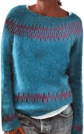 Generic Pull Norvégien Femme Grande Taille, Pull Femme Hiver Norvégien, Chaud Pullover Col Rond pour Femme Mohair, Pull Jacquard sans Capuche, Sweater Oversiz