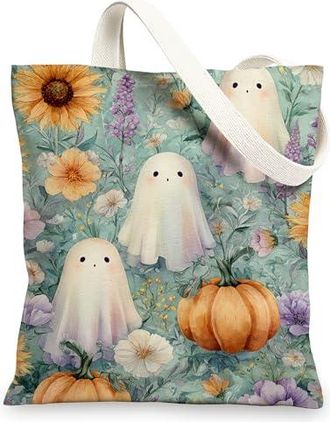 Generic Sacs fourre-tout en toile motif floral fantôme, motif citrouille dHalloween, sacs réutilisables, mignons, vintage, légers, lavables à bandoulière pour