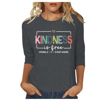 Generic T-shirt pour femme avec col rond, manches 3/4 et lettres, gris, XXL