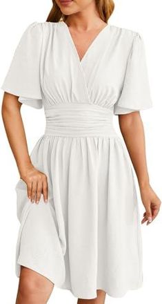 Generic Robe de Soiree Femme Manches Courtes- Robe Mi Longue Taille Haute Col V Couleur Unie Coupe Ajust&eacute;e Chic Et &eacute;l&eacute;gant Dress Grande Taille L&eacute;ger Fluide D&eacute;