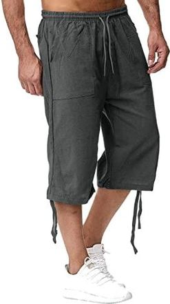 Generic 2025 Short Lin et Bermuda Homme 3/4 Long DÉté Pantacourt Coton, pour La Plage, Le Yoga, Le Jogging, Pantalon Taille Elastique Décontracté Pas Cher