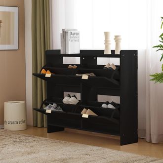 Merax Schuhschrank Schmal Mit Schublade, Moderner Schuhschrank Mit 4 Klappenf&auml;chern, Freistehendes Schuhregal f&uuml;r Eingangsbereich oder Flur, Schwarz