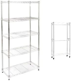 Amazon Basics Lagerregal mit 5 Regalböden, bis 160 kg pro Regalboden, Chrom & Doppel-Kleiderstange mit Rädern - Chromfarben