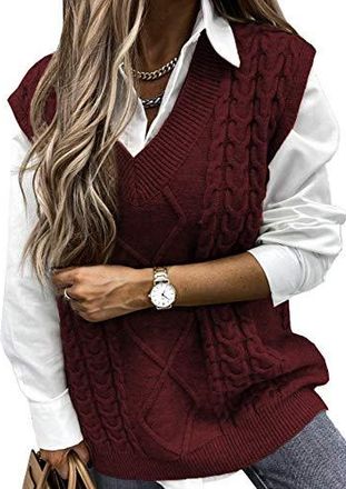 Minetom Pull sans Manche Col V Femme Gilet en Tricot Automne Hiver D&eacute;bardeurs Chandail Oversize Bureau Pull-Over Tops Hauts A Rouge 38