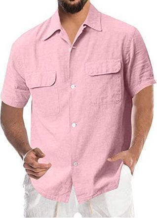 Generic Chemise d&eacute;t&eacute; en lin pour homme - Manches courtes - Boutonni&egrave;re - Chemise daffaires classique - Chemise de loisirs - Confortable - Avec poche de poitri