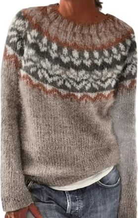 Generic Pull Tricot&eacute; Fair Island Femmes Grande Taille Vintage &Agrave; Manches Longues Pull Ras du Cou Pull Hiver Automne Hauts D&eacute;contract&eacute;s Pulls Molletonn&eacute;s(Camel,