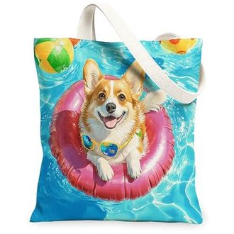 Generic Sac fourre-tout amusant en toile motif chien Corgi pour faire du shopping, 33 x 38,1 cm, sac &agrave; bandouli&egrave;re r&eacute;utilisable pour femme, peinture danimaux 