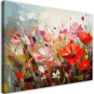 Feeby Leinwandbild - Bilder Wohnzimmer - Feld rote Blumen Abstraktion - 90x60 1tlg - Deko Schlafzimmer - Wanddekoration - Aesthetic - Groß Moderne Bild - Fo
