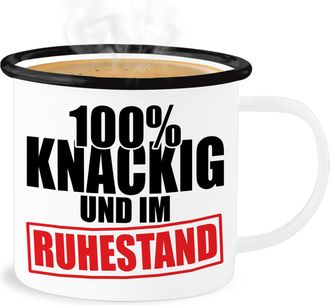 Shirtracer Emaille Becher Blechbecher - Rentner - Tassen - 100% Knackig und im Ruhestand - 300 ml - Weiß Schwarz - rente tasse retirement zum renteneintritt rent