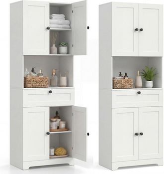 Costway armoire de salle de bains haute tour &agrave; linge organisateur autoportant placard de cuisine buffet meuble en bois 4 portes tiroir &eacute;tag&egrave;re r&eacute;glable comp