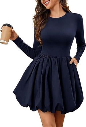 Generic Robe &agrave; manches longues pour femme, col rond, taille haute, mini robe de cocktail avec poches, tenue danniversaire, bleu, M