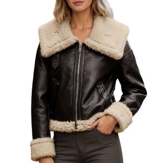 Generic Veste en Cuir Surdimensionn&eacute;e pour Femmes, Manteau dhiver en Peau De Mouton Doubl&eacute; Polaire &Eacute;paisse, Veste Aviateur Courte