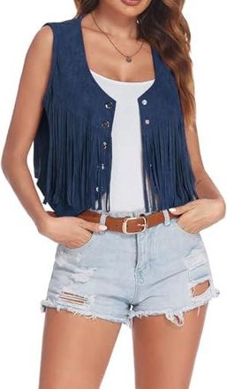 Generic Tenues occidentales pour femmes, gilet &agrave; franges boh&egrave;me, veste de cowboy turquoise, gilets de cowboy vintage, veste western classique, bleu, XXL