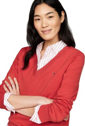 Tommy Hilfiger Damen Pullover Jersey V-Neck Strickpullover, Rot (Terra Red), XXS