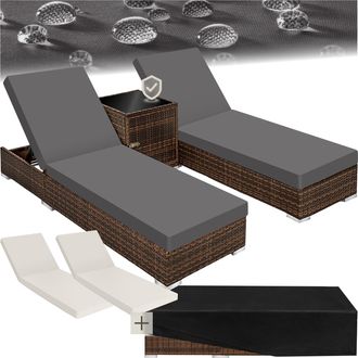 TecTake 2er Lounge Sonnenliegen Set Plus Tisch - inkl. 2 Bezugsets und Schutzhülle, Outdoor Poly Rattan Gartenmöbel Set, 2er Set - braun