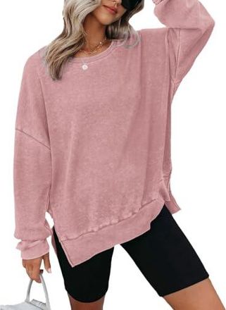 Generic Sweat-shirt &agrave; col rond en tricot gaufr&eacute; pour femme, pull &agrave; manches longues avec fente lat&eacute;rale, haut d&eacute;contract&eacute;, chemise douce en tricot, rose, XXL