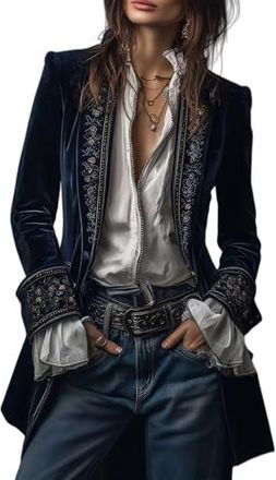 Generic Veste longue brodée en velours de polyester bleu marine vintage pour Halloween, costume de pirate, manteau victorien pour femme, haut de la Renaissanc