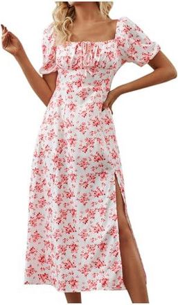 Generic Robes amincissantes d&eacute;t&eacute; 2026 pour femmes, imprim&eacute; floral, coupe ajust&eacute;e, col carr&eacute;, ourlet fendu, robe boh&egrave;me l&eacute;g&egrave;re, Vert, 3XL