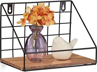 Relaxdays Wandregal, H&auml;ngeregal Gitter, HBT: 18 x 25 x 16 cm, industrial, Metall & Holzoptik, Dekoregal, schwarz/braun