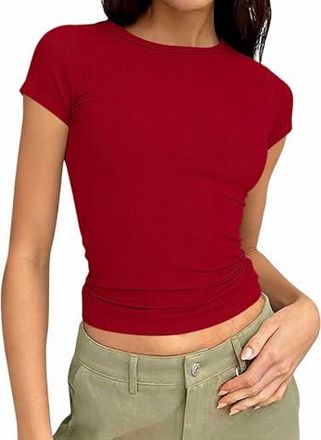 Generic T-shirt Y2K c&ocirc;tel&eacute; pour femme - Coupe ajust&eacute;e - Pull en tricot c&ocirc;tel&eacute; &eacute;l&eacute;gant - Col rond - Couleur unie - Manches courtes - &Eacute;t&eacute; - Haut c&ocirc;tel&eacute; - Haut t