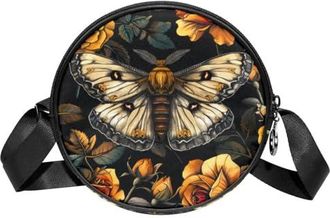Generic Petit sac &agrave; bandouli&egrave;re circulaire pour femme, motif cr&acirc;nes, fleurs, petit sac &agrave; bandouli&egrave;re avec fermeture &eacute;clair, bretelles r&eacute;glables, sac &agrave; main ro