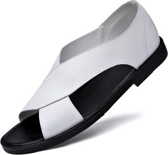Generic Sandales plates en cuir v&eacute;ritable pour homme - Bout ouvert - Antid&eacute;rapantes - Sandales d&eacute;t&eacute; l&eacute;g&egrave;res - Sandales de plage, Blanc 1, 39 1/3 EU