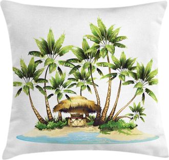 Abakuhaus Palme Kissenbezug, B&auml;ume und Bungalow Tiki Bar, Dekorativer Kopfkissenh&uuml;lle mit Beidseitiger Druck, 40 x 40 cm, Mehrfarbig